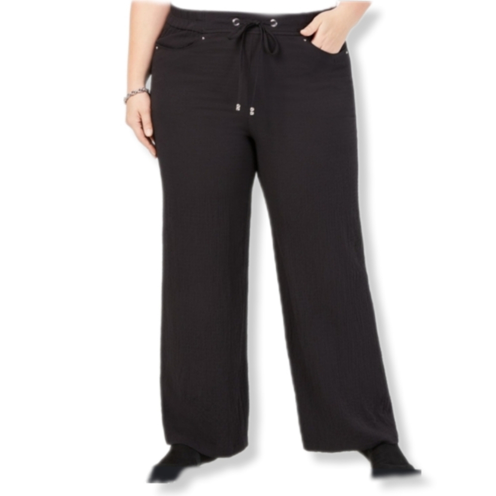 Jm Collection Plus Crinkle Wide-Leg Pants, Deep Black - Gem